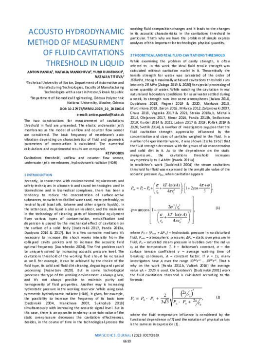 ACOUSTO HYDRODYNAMIC METHOD OF MEASURMENT OF FLUID CAVITATIONS ...