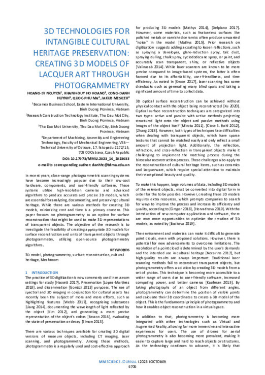 3D TECHNOLOGIES FOR INTANGIBLE CULTURAL HERITAGE PRESERVATION: CREATING 3D MODELS OF LACQUER ART ...