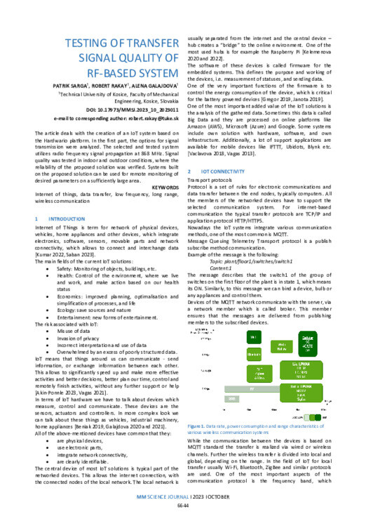 TESTING OF TRANSFER SIGNAL QUALITY OF RF-BASED SYSTEM | MM Science Journal
