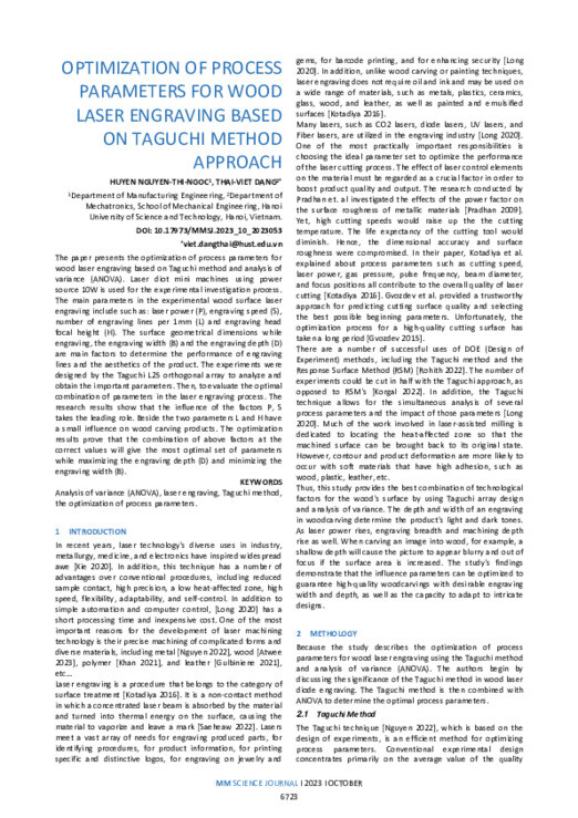 Optimization Of Process Parameters For Wood Laser Engraving Based On Taguchi Method Approach