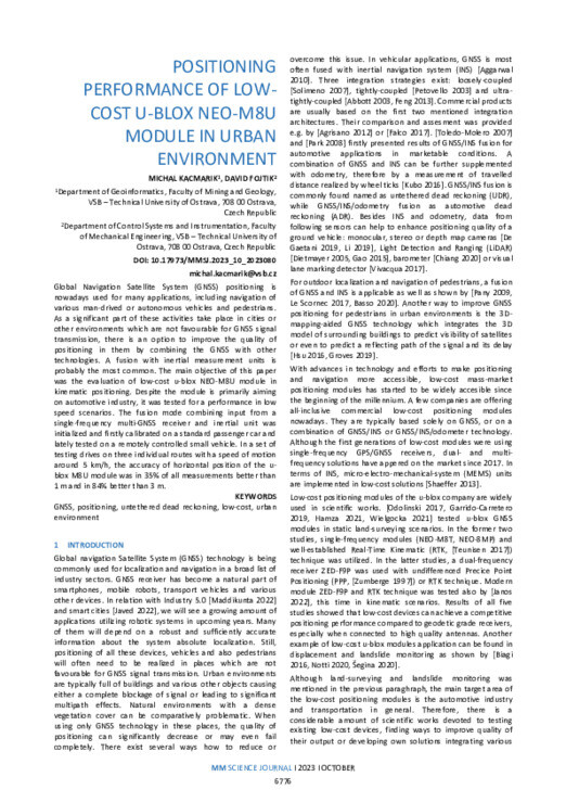 POSITIONING PERFORMANCE OF LOW-COST U-BLOX NEO-M8U MODULE IN URBAN ENVIRONMENT | MM Science Journal