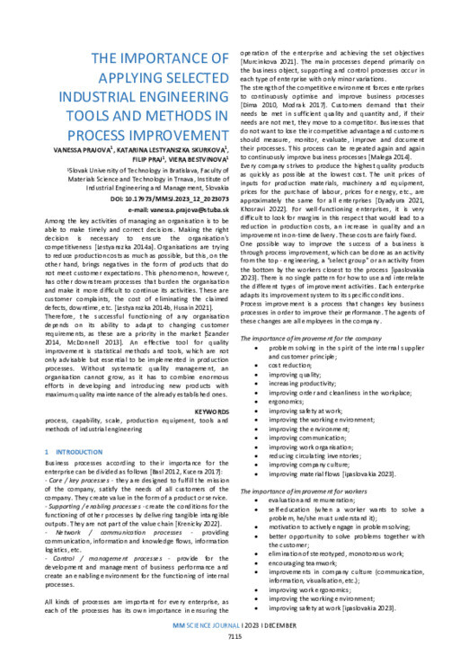 THE IMPORTANCE OF APPLYING SELECTED INDUSTRIAL ENGINEERING TOOLS AND ...