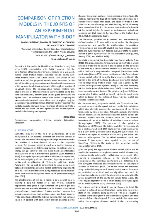 COMPARISON OF FRICTION MODELS IN THE JOINTS OF AN EXPERIMENTAL MANIPULATOR WITH 3-DOF | MM ...