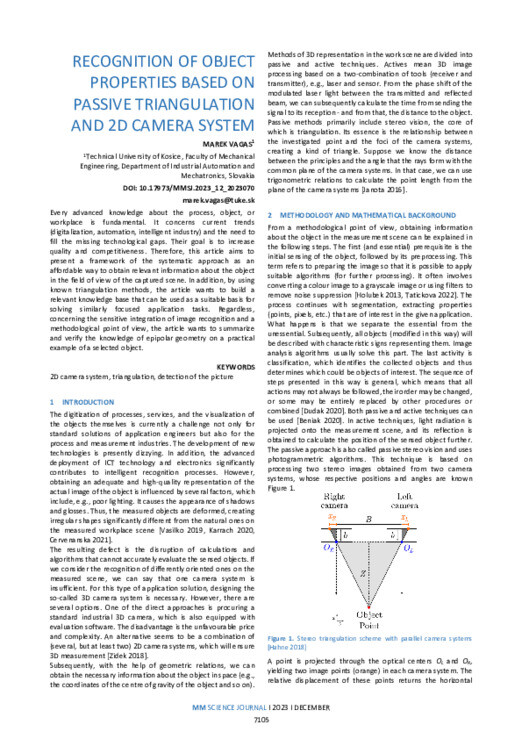 RECOGNITION OF OBJECT PROPERTIES BASED ON PASSIVE TRIANGULATION AND 2D ...