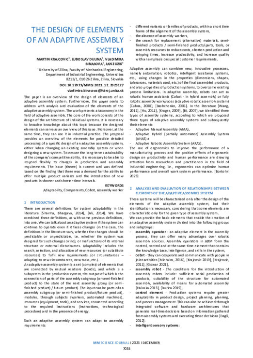 THE DESIGN OF ELEMENTS OF AN ADAPTIVE ASSEMBLY SYSTEM | MM Science Journal