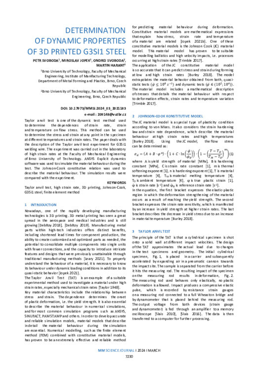DETERMINATION OF DYNAMIC PROPERTIES OF 3D PRINTED G3SI1 STEEL | MM Science Journal