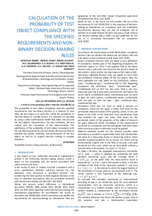 CALCULATION OF THE PROBABILITY OF TEST OBJECT COMPLIANCE WITH THE ...