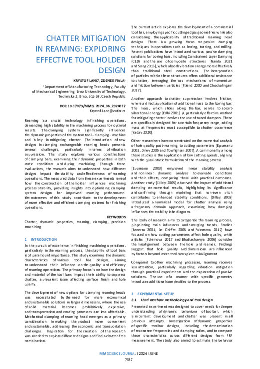 CHATTER MITIGATION IN REAMING: EXPLORING EFFECTIVE TOOL HOLDER DESIGN | MM Science Journal