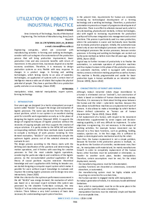 UTILIZATION OF ROBOTS IN INDUSTRIAL PRACTICE | MM Science Journal
