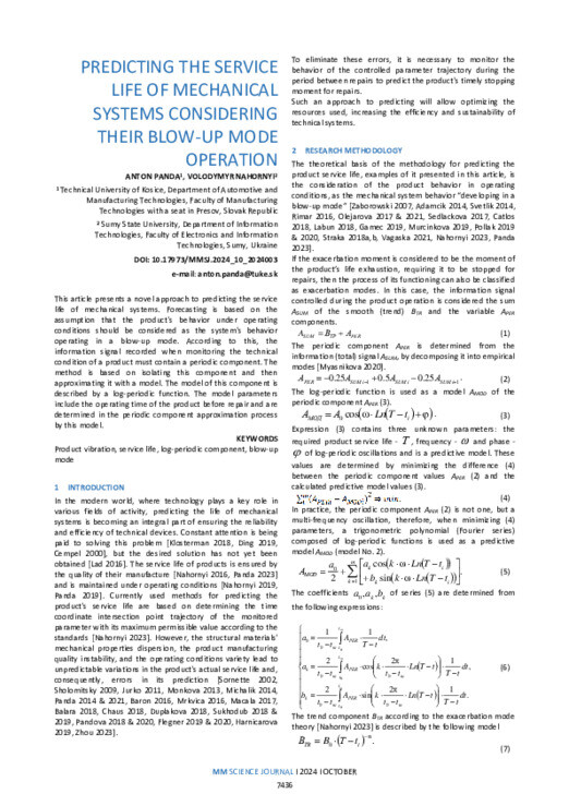PREDICTING THE SERVICE LIFE OF MECHANICAL SYSTEMS CONSIDERING THEIR BLOW-UP MODE OPERATION | MM ...