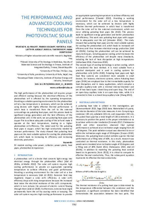 THE PERFORMANCE AND ADVANCED COOLING TECHNIQUES FOR PHOTOVOLTAIC SOLAR ...
