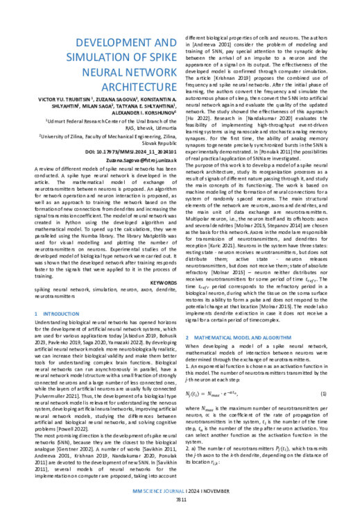 Development And Simulation Of Spike Neural Network Architecture Mm Science Journal