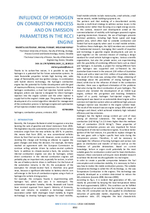 INFLUENCE OF HYDROGEN ON COMBUSTION PROCESS AND ON EMISSION PARAMETERS ...
