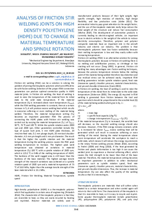 ANALYSIS OF FRICTION STIR WELDING JOINTS ON HIGH DENSITY POLYETHYLENE (HDPE) DUE TO CHANGE IN ...