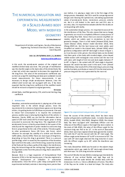 THE NUMERICAL SIMULATION AND EXPERIMENTAL MEASUREMENT OF A SCALED AHMED ...
