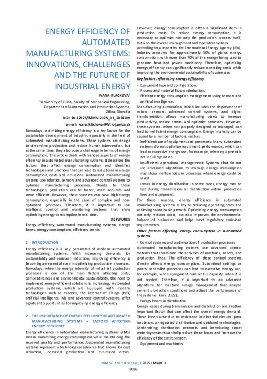 ENERGY EFFICIENCY OF AUTOMATED MANUFACTURING SYSTEMS: INNOVATIONS ...