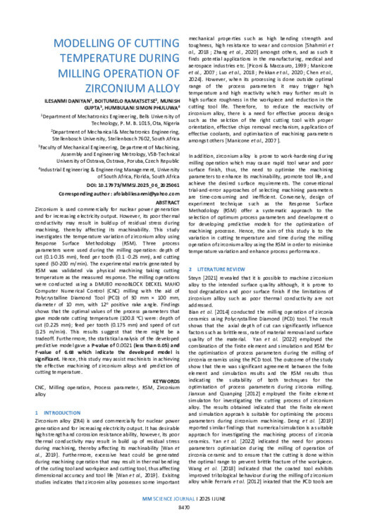 Modelling Of Cutting Temperature During Milling Operation Of Zirconium Alloy Mm Science Journal