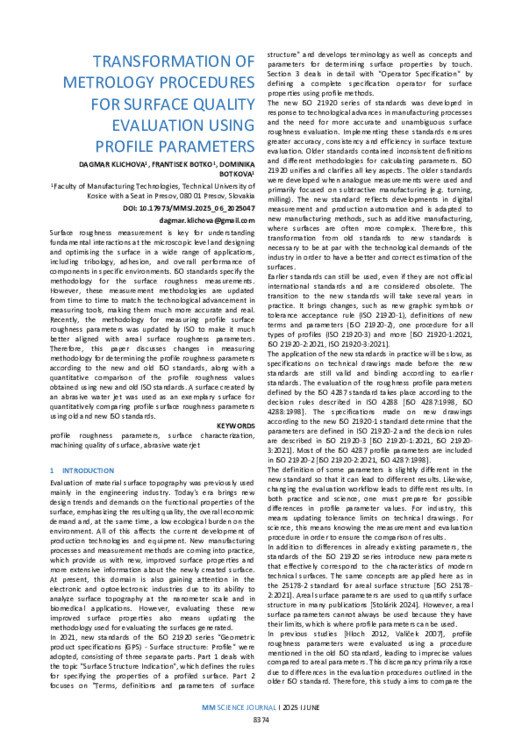TRANSFORMATION OF METROLOGY PROCEDURES FOR SURFACE QUALITY EVALUATION ...