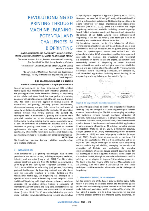 REVOLUTIONIZING 3D PRINTING THROUGH MACHINE LEARNING: POTENTIAL AND CHALLENGES IN BIOPRINTING ...