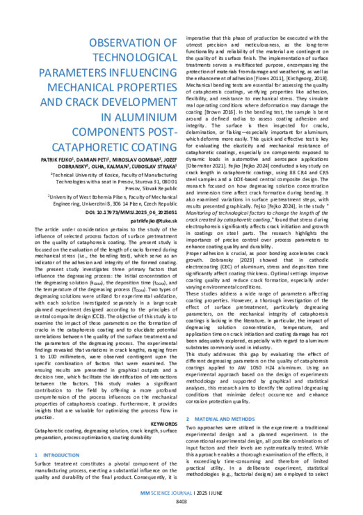 OBSERVATION OF TECHNOLOGICAL PARAMETERS INFLUENCING MECHANICAL ...