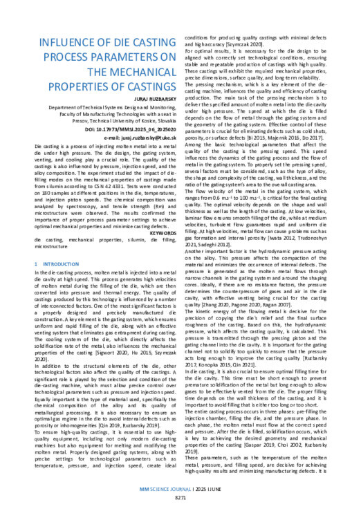INFLUENCE OF DIE CASTING PROCESS PARAMETERS ON THE MECHANICAL PROPERTIES OF CASTINGS | MM ...