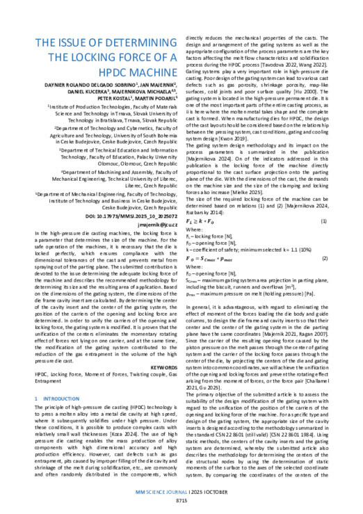 THE ISSUE OF DETERMINING THE LOCKING FORCE OF A HPDC MACHINE | MM ...
