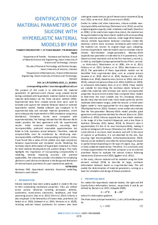 IDENTIFICATION OF MATERIAL PARAMETERS OF SILICONE WITH HYPERELASTIC ...